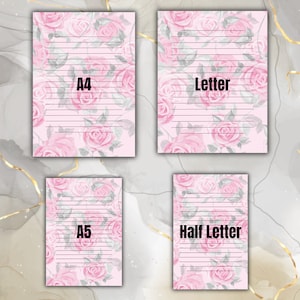 Floral Aesthetic Printable Lined Stationary Paper, Cute Rose Print Note ...