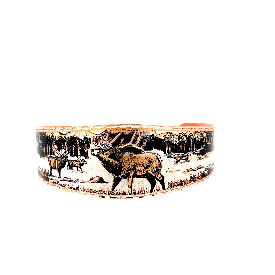 Copper Elk Bracelets Cuff Mountain and Tree Scene Elk Jewelry Elk Based ...