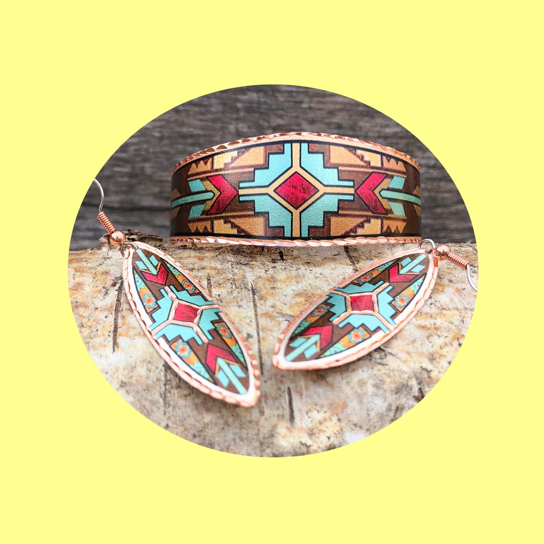 Turquoise and Red Bow and Arrow Bracelets & Earrings Set, Copper Cuff ...
