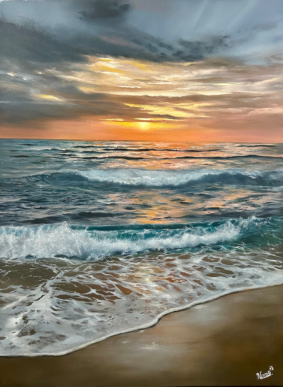 Sea Oil Painting, Blue Ocean Waves, Beach Art, Large Original Seascape ...