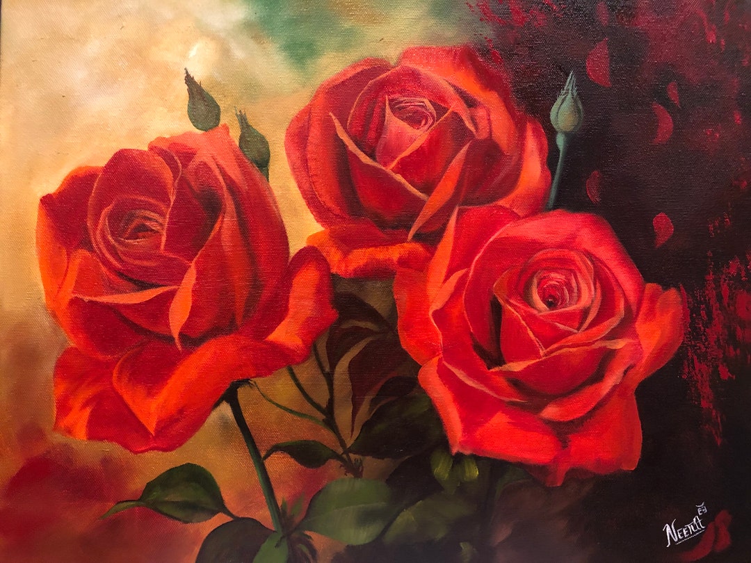 Original Rose Oil Painting: Large Floral Art by Neetu Vishwakarma - Etsy