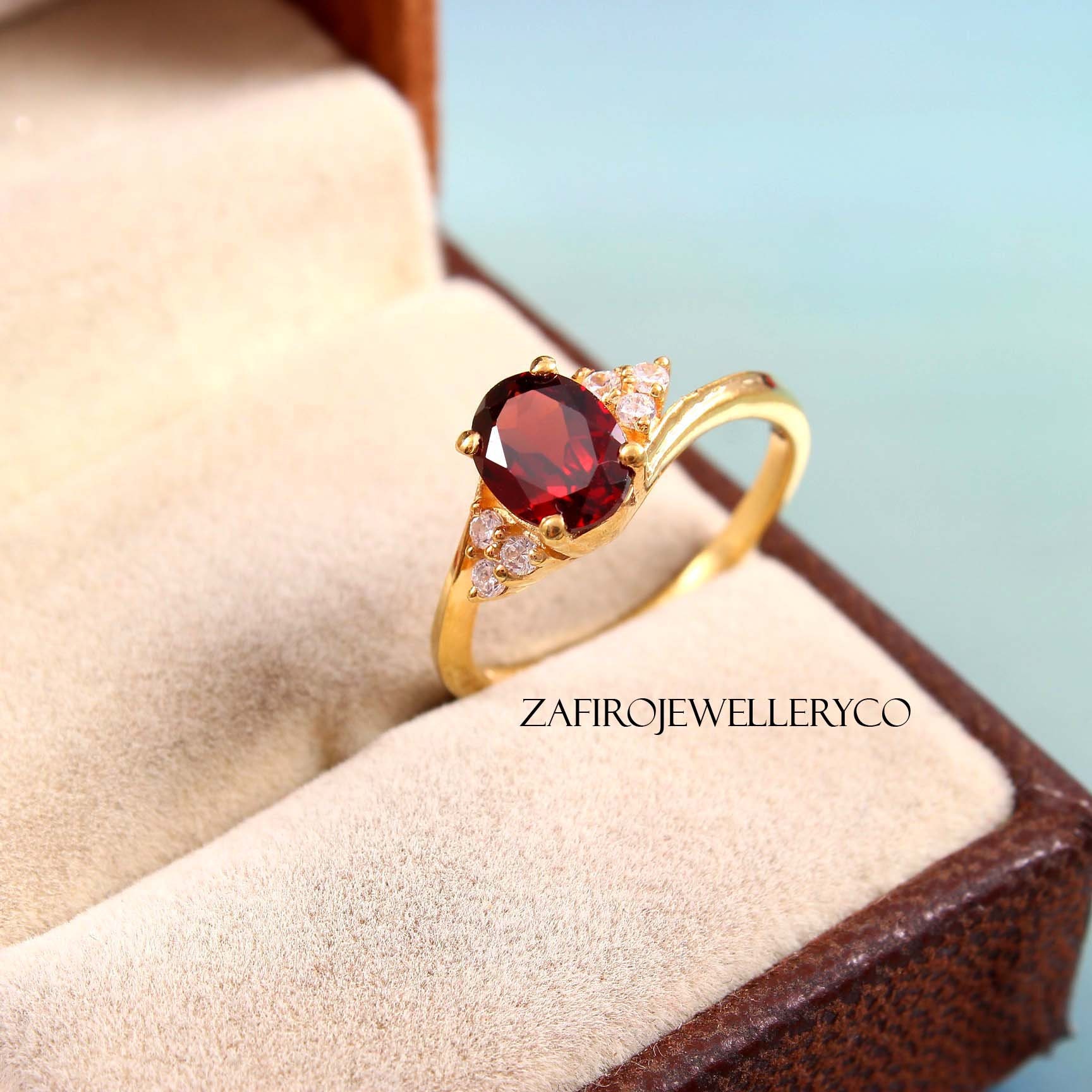 Natural Garnet Garnet Ring Three Stone Ring Zircon Ring | Etsy