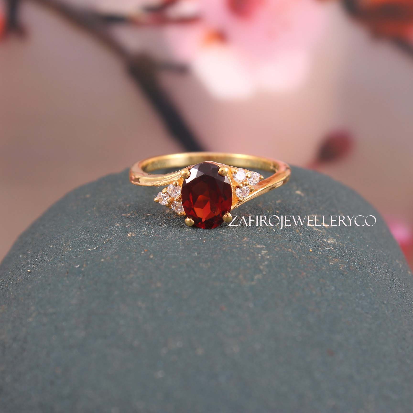 Natural Garnet Garnet Ring Three Stone Ring Zircon Ring | Etsy