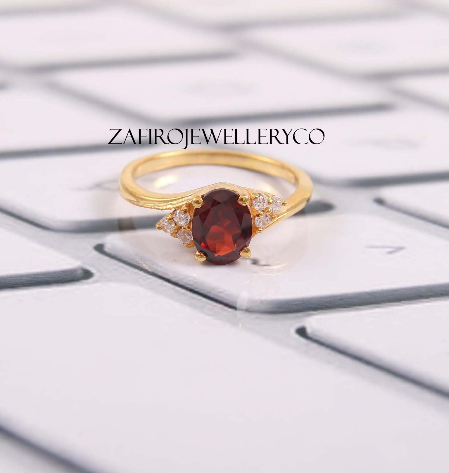 Natural Garnet Garnet Ring Three Stone Ring Zircon Ring | Etsy