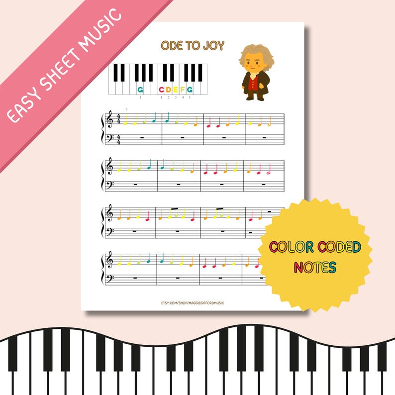 Ode to Joy - Easy Piano Sheet Music - Color Coded (digital PDF Download ...