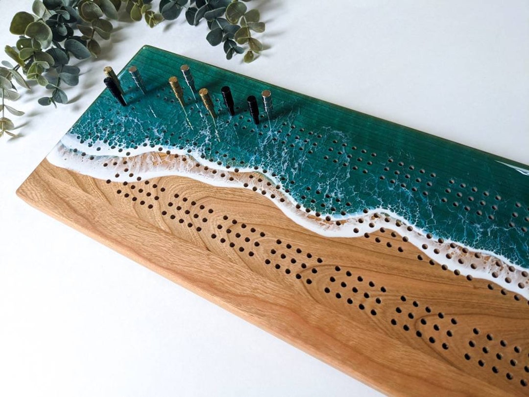 Personalized Cribbage Board - Canadian Cherry With Beach Wave. Epoxy ...