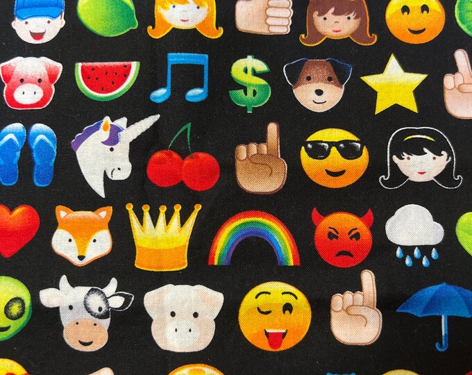 Fabric, Emoji, Smiley Face, Cotton Fabric, Colorful Icons on Black ...