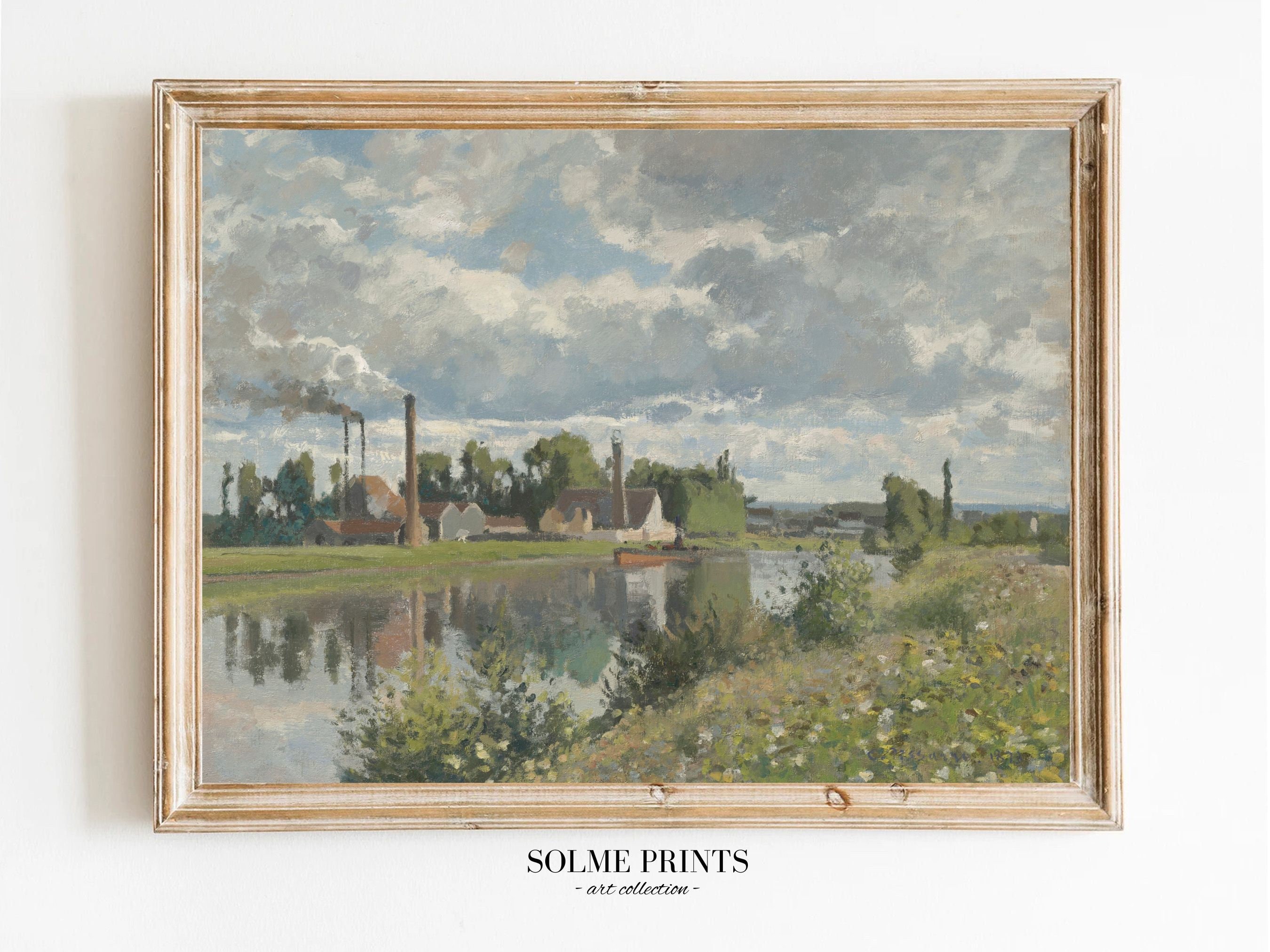 River Landscape Vintage Oil Painting | Country Scene Artwork ...