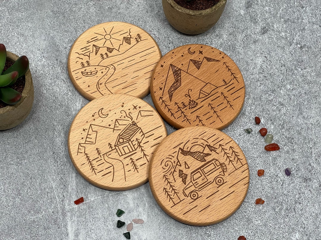 Nature Engraved Coasters, Nature Lovers Wooden Coaster Set, Round ...