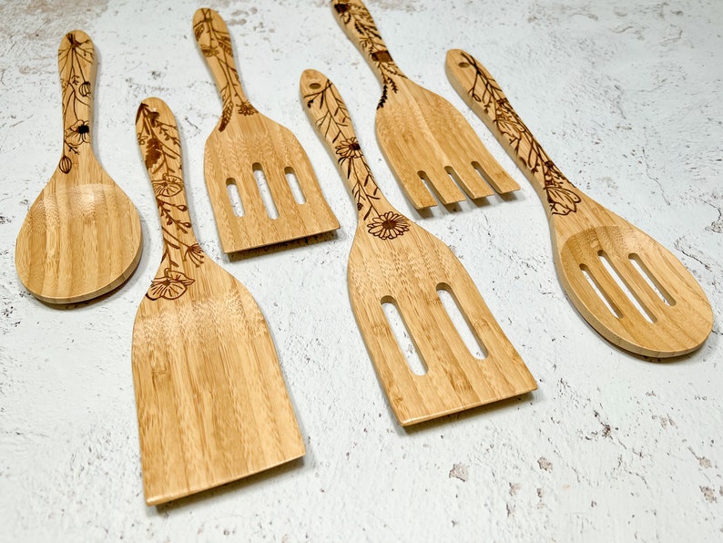 Custom Engraved Bamboo Kitchen Utensils Set - Six Floral Premium Tools ...