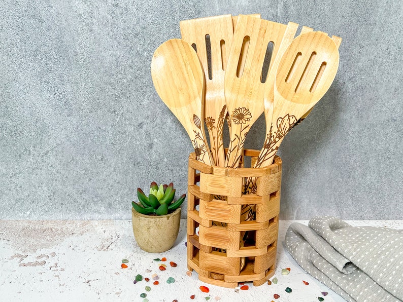 Custom Engraved Bamboo Kitchen Utensils Set - Six Floral Premium Tools ...