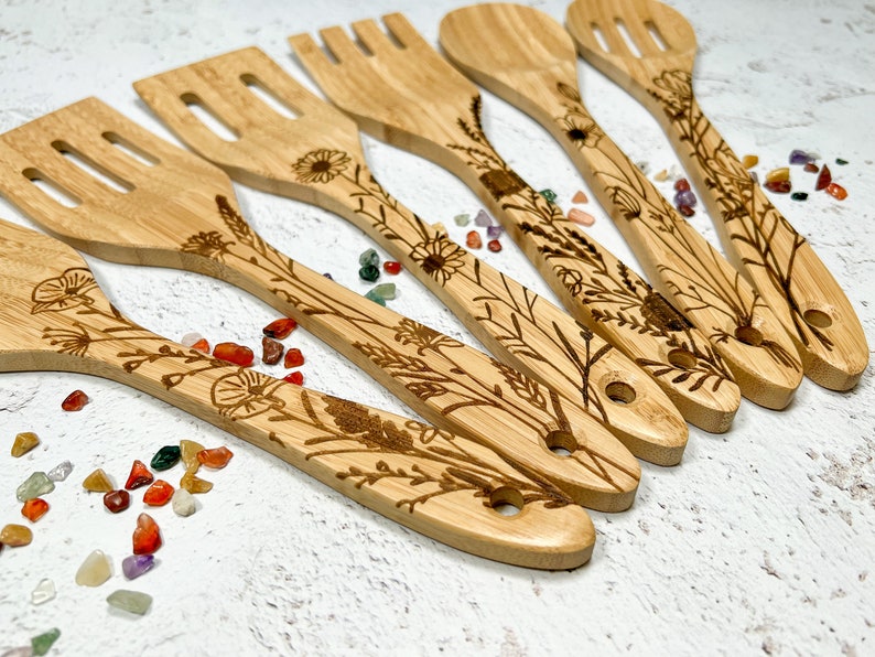 Custom Engraved Bamboo Kitchen Utensils Set - Six Floral Premium Tools ...