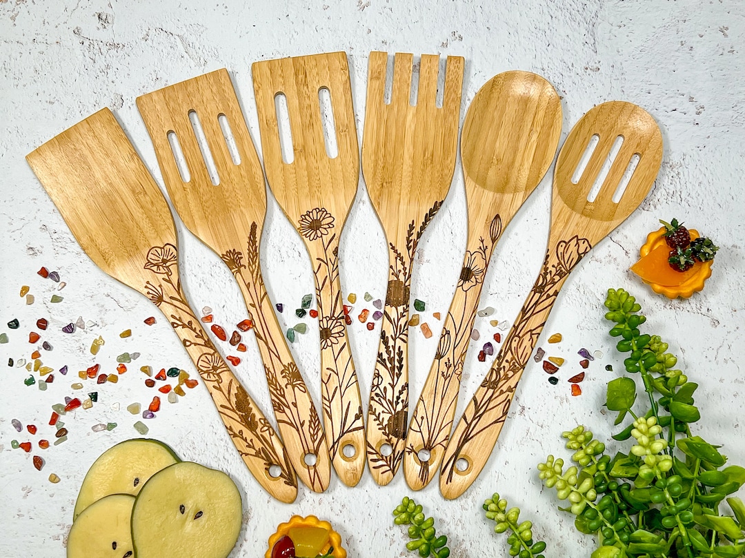 Six Floral Kitchen Utensils Premium - Custom Engraved Bamboo Utensils ...