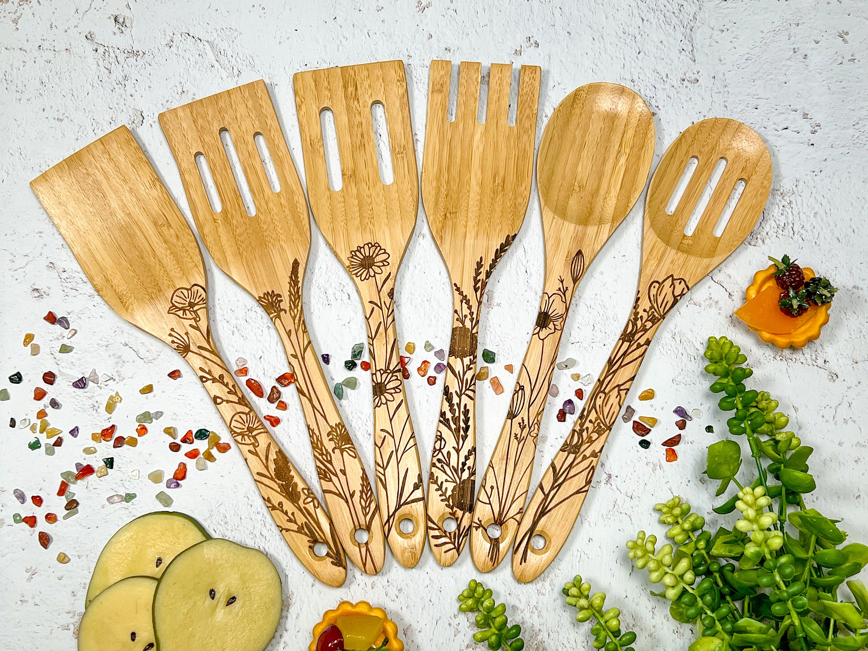 Custom Engraved Bamboo Kitchen Utensils Set - Six Floral Premium Tools ...