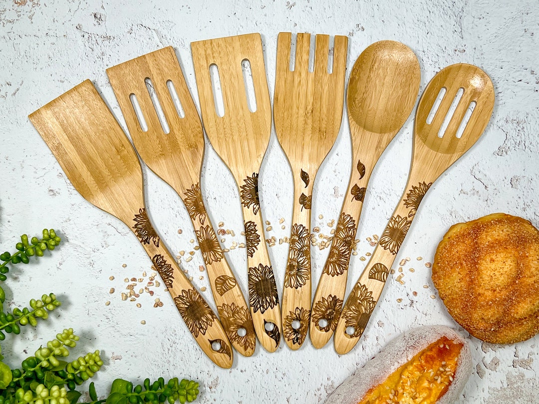 Custom Engraved Sunflower Bamboo Kitchen Utensils Set - Personalized ...