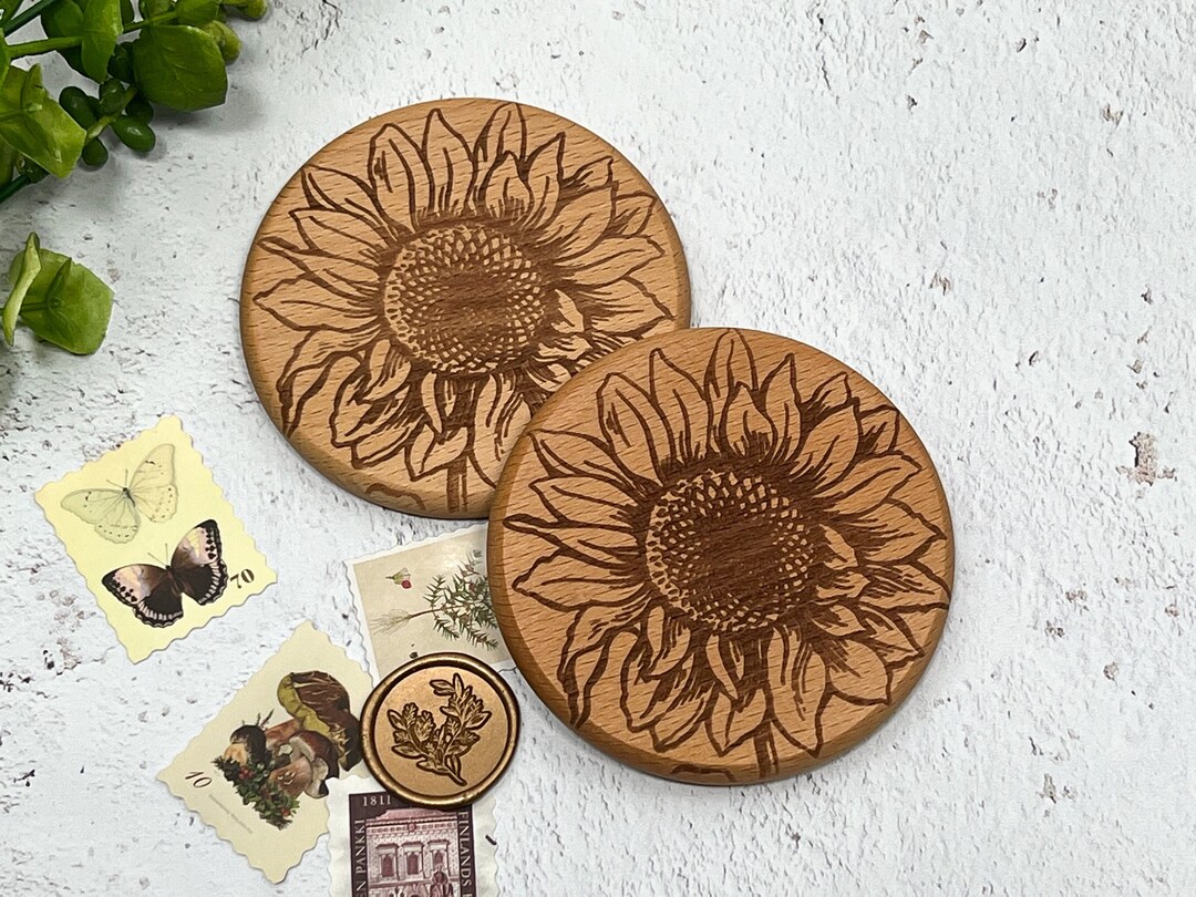 Sunflower Engraved Wooden Coaster Set, Cork Coaster Set, Wood Burned ...