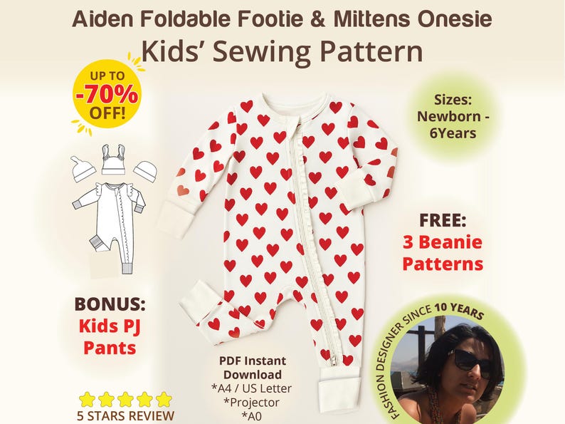 Zipper Onesie Baby Sewing Pattern With Foldable Footie and Mittens, Sleeper PDF | Zipper Toddler ...