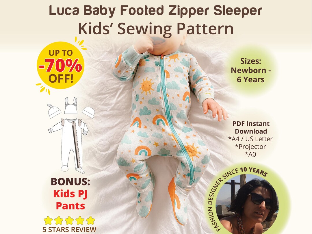 Footed Baby Zipper Sleeper Sewing Pattern With Mittens Zipper Pajama ...
