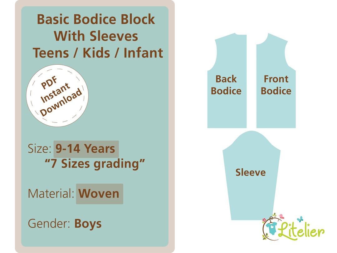 Basic Bodice Block PDF Sewing Pattern With Sleeves-size 9-14Y Sewing ...