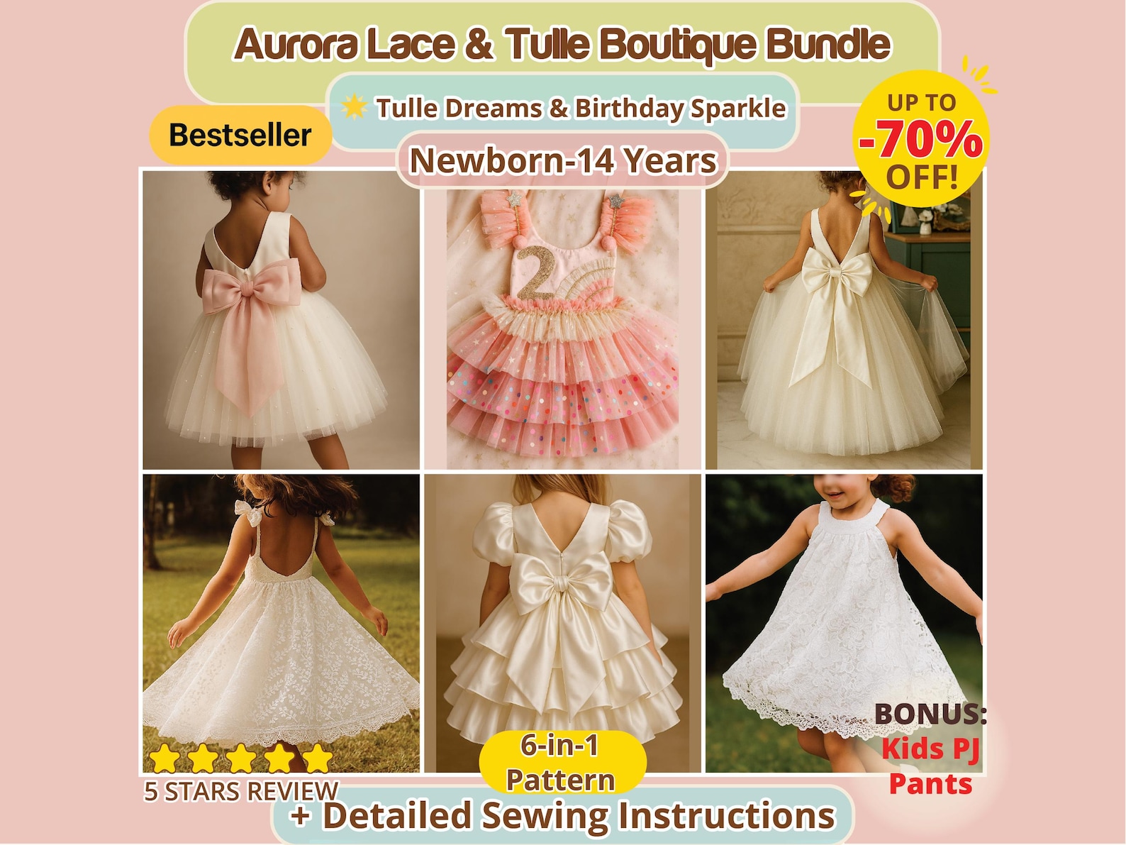 Girls Party Dress Kids Sewing Pattern Bundle PDF Flower Girl Gown Back ...