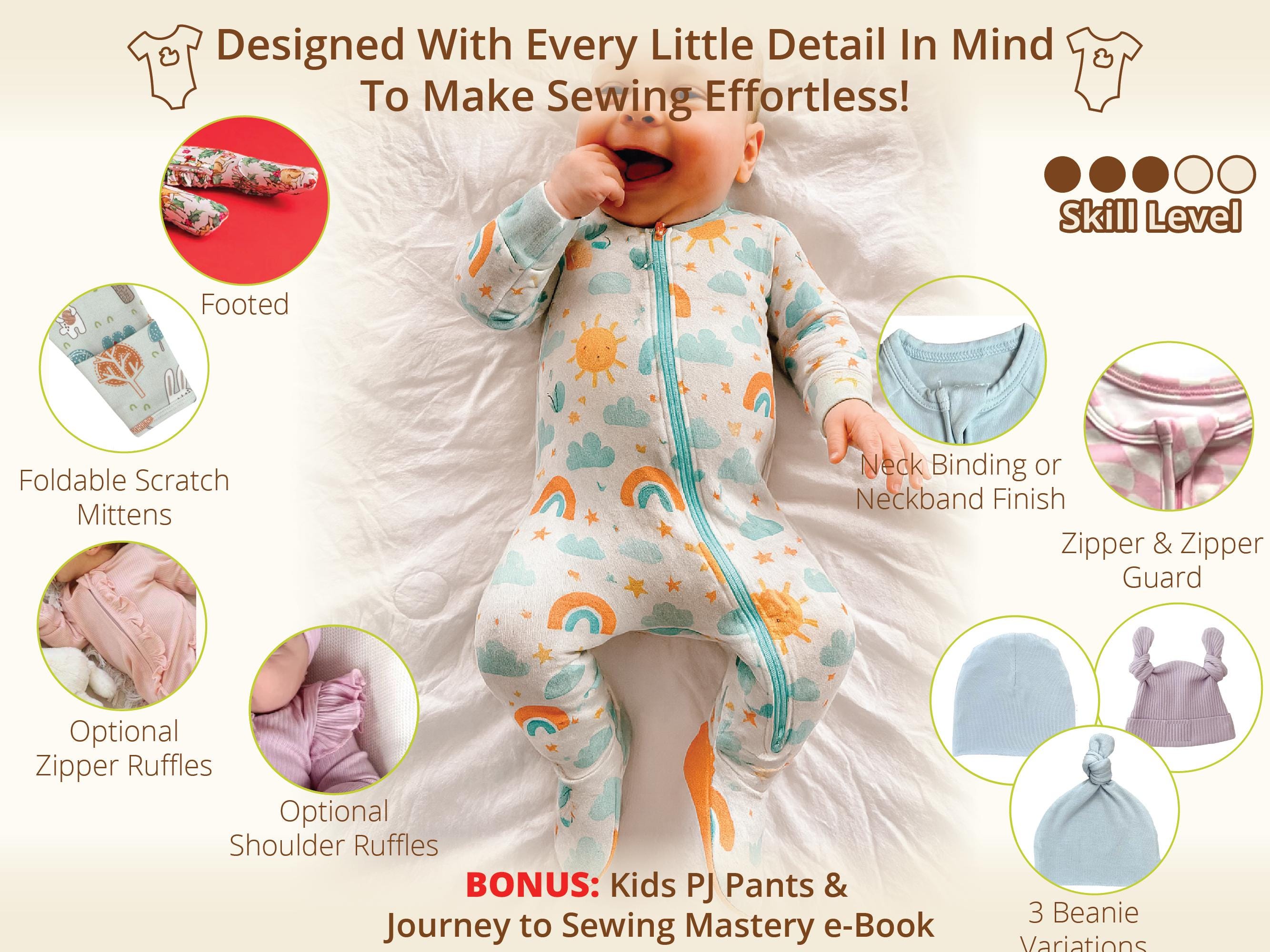 Footed Baby Zipper Sleeper Sewing Pattern With Mittens Infant Footie ...