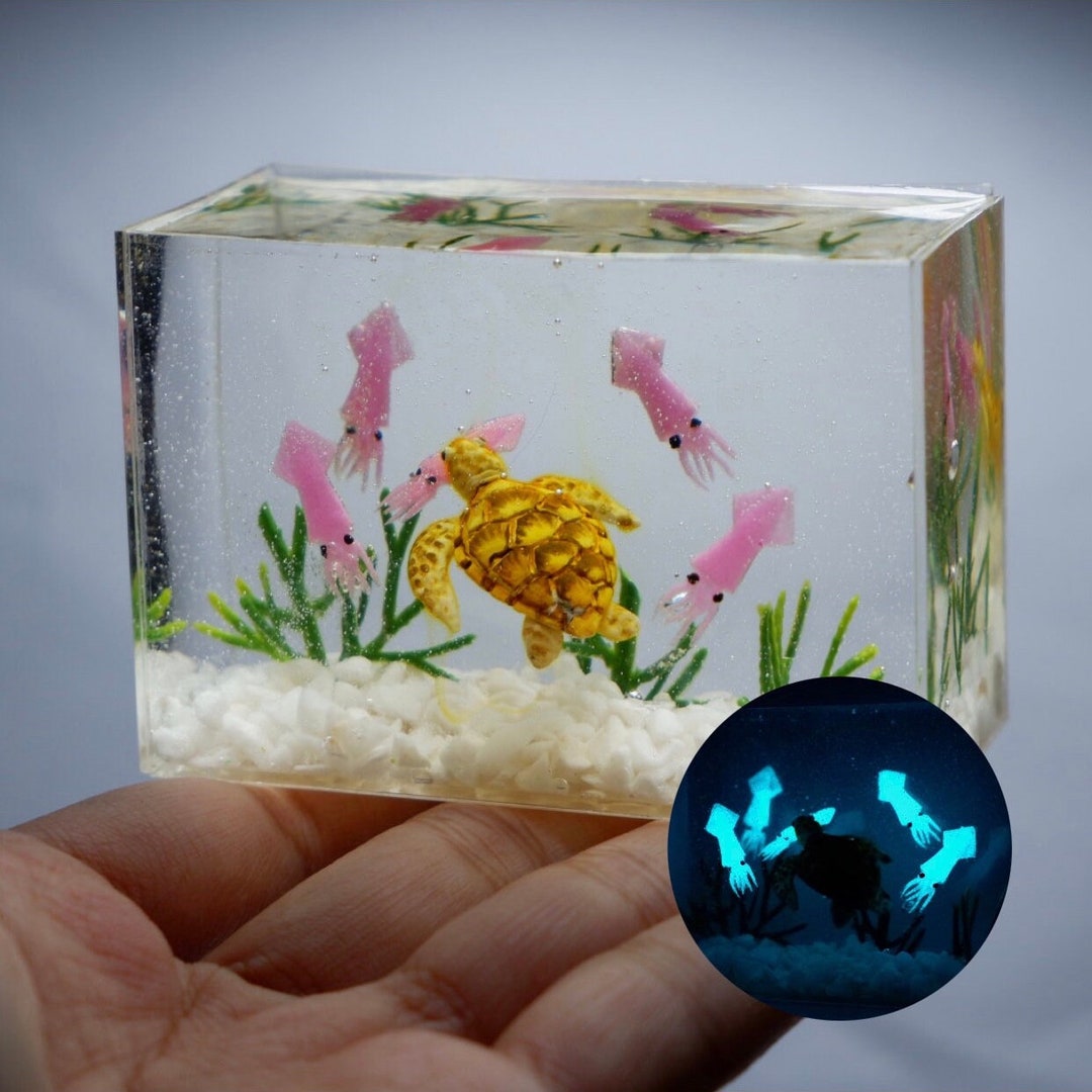 Glow in Dark Miniature Sea Turtle With Squids in the Tank - Etsy