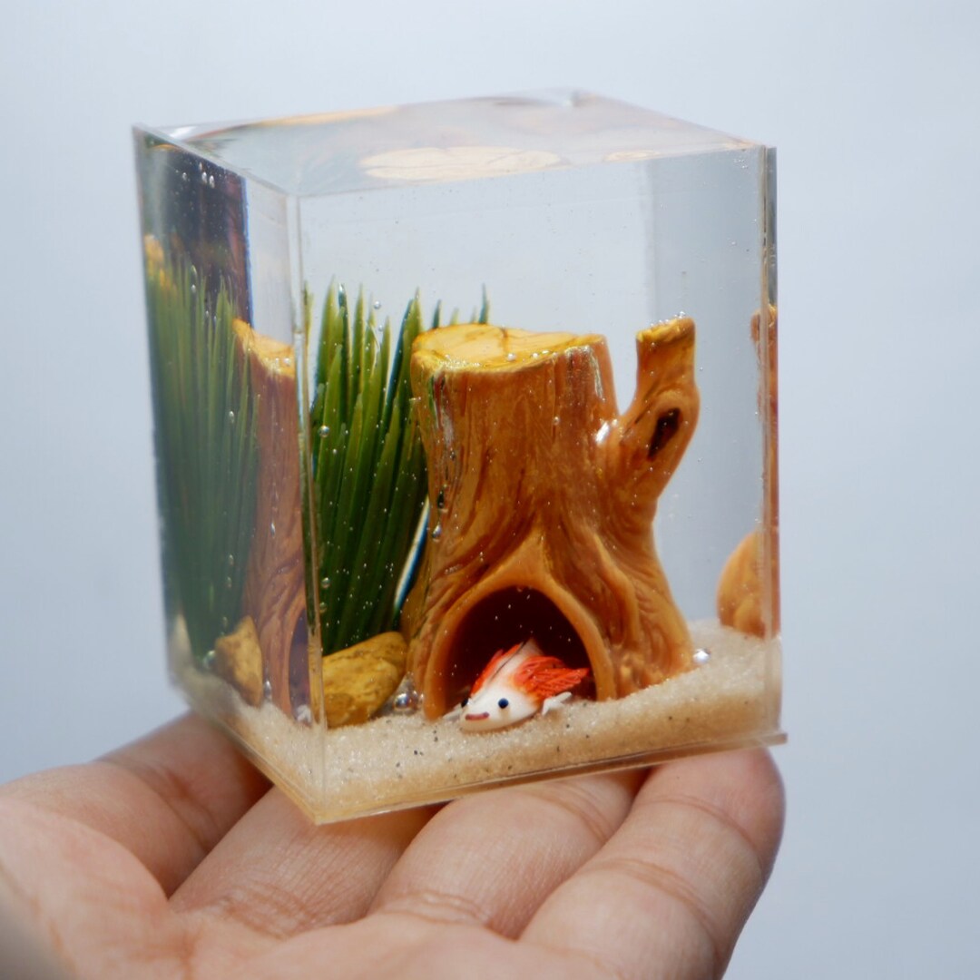 Miniature Clay Axolotl With Log House in the Tank - Etsy