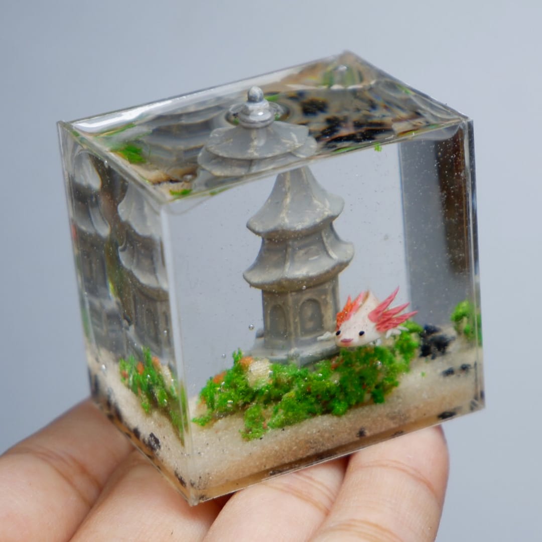 Miniature Clay Axolotl With Little Pagoda in the Tank - Etsy