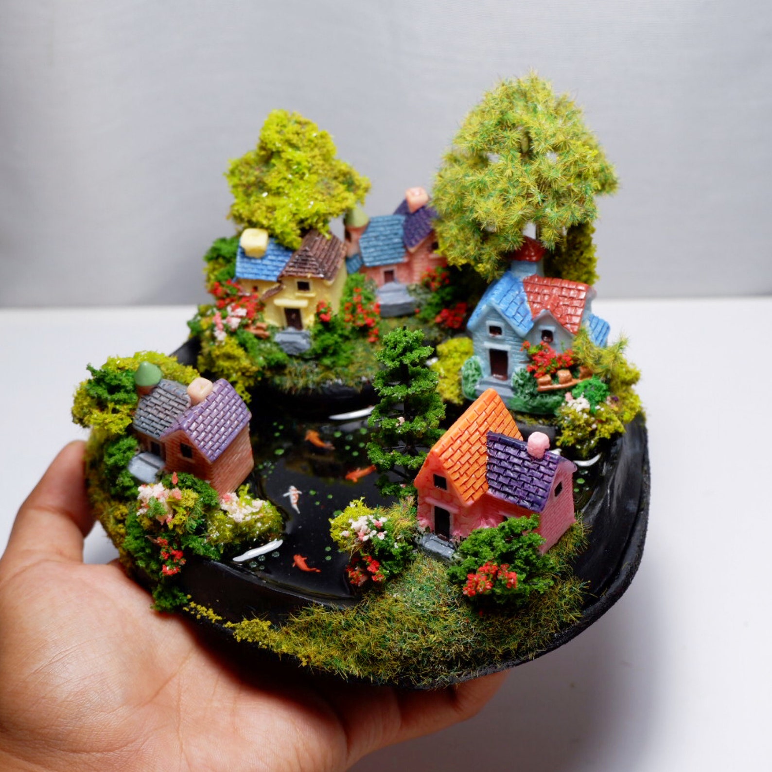 Miniature Village With Koi Fishe - Etsy