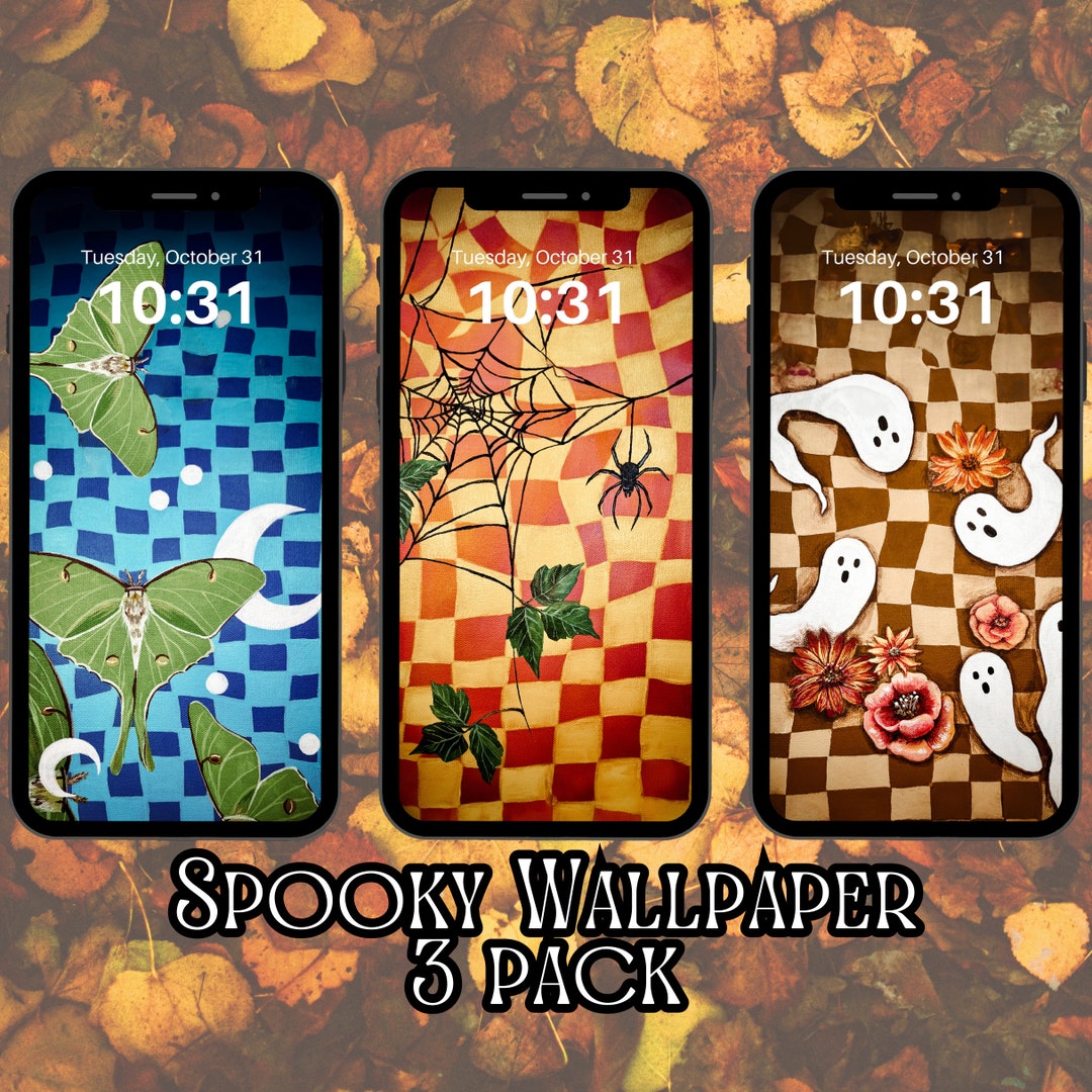 Spooky Phone Wallpaper Bundle, Pack of 3 Witchy Halloween Checker ...