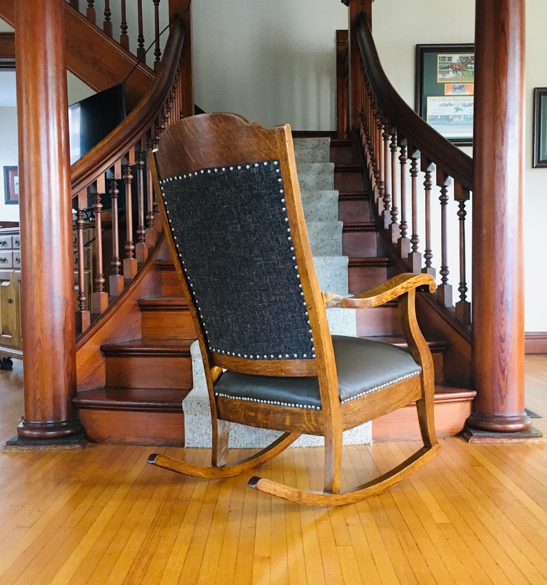 SOLD - Reupholstered Tiger Oak Rocking Chair. South West Tribal Fabric ...