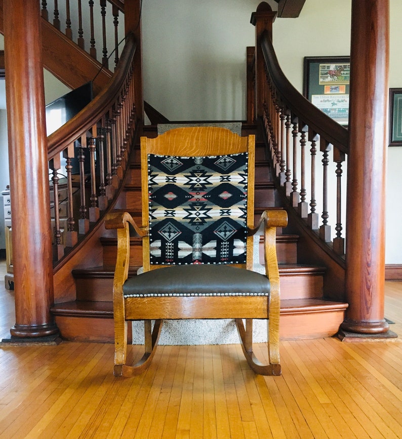 SOLD Reupholstered Tiger Oak Rocking Chair. South West Tribal Fabric ...