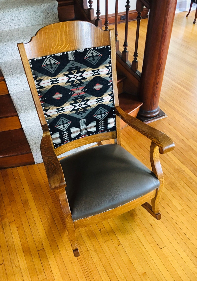 SOLD - Reupholstered Tiger Oak Rocking Chair. South West Tribal Fabric ...