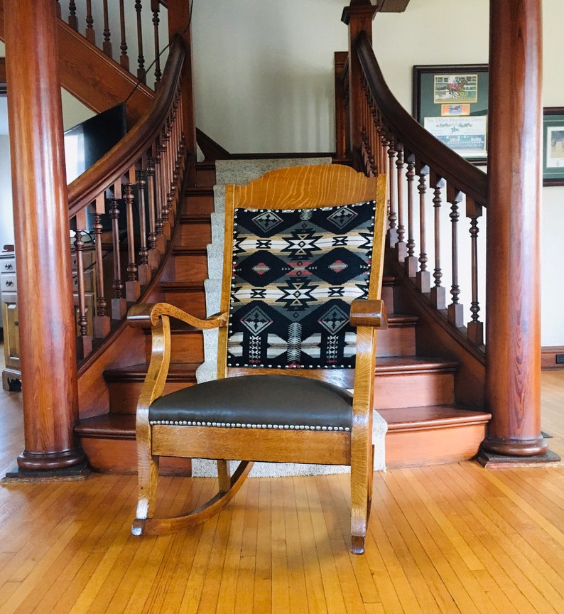 SOLD - Reupholstered Tiger Oak Rocking Chair. South West Tribal Fabric ...