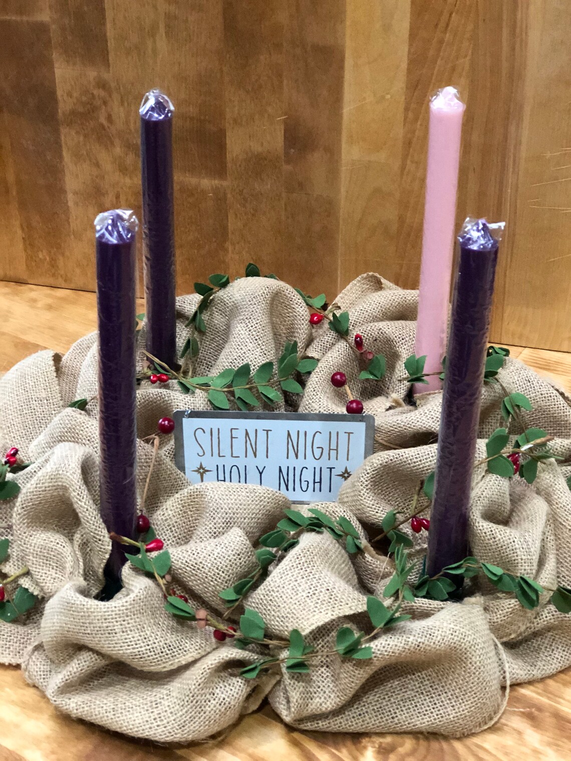 Rustic Burlap Advent Wreath With Candles. Advent Wreath. Silent Night ...