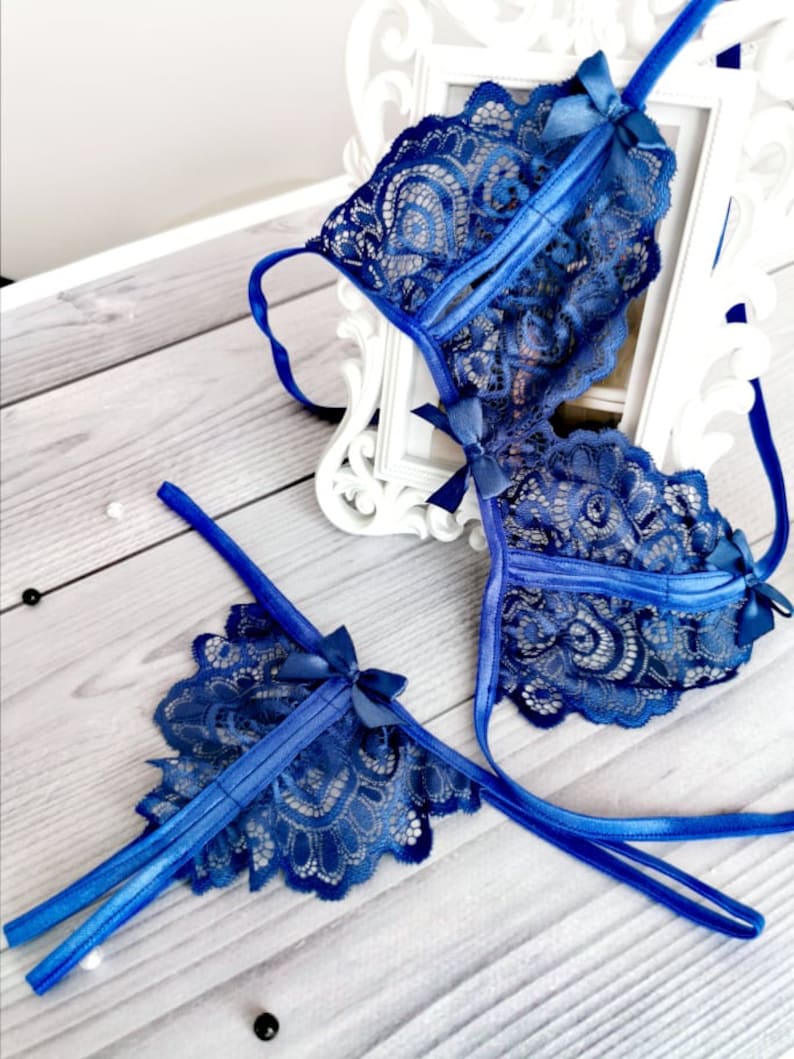 Sexy blue lace lingerie set Crotchless wedding lingerie | Etsy