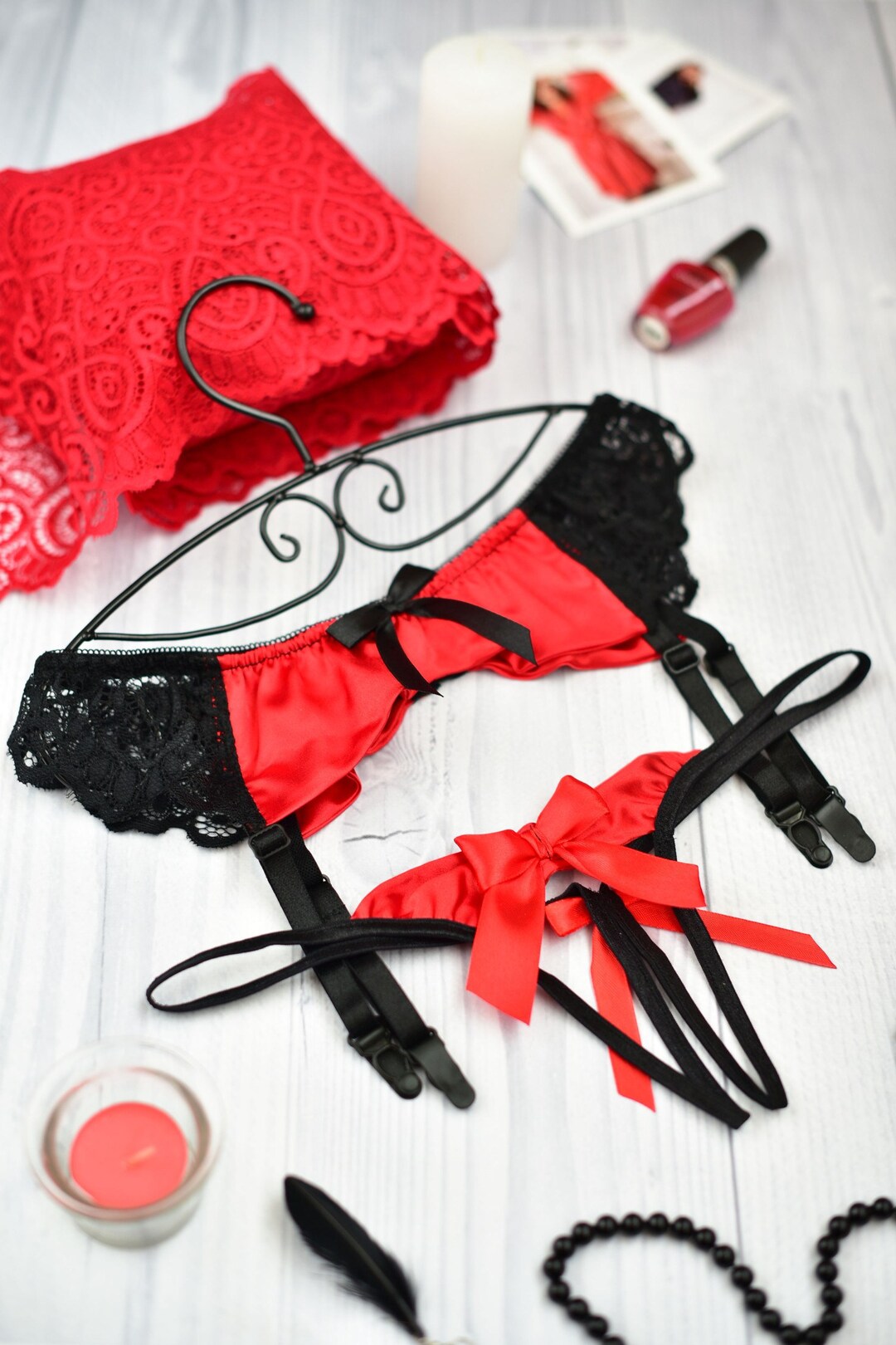 Black Red Sexy Garter Belt Lingerie Lace Satin Garter Set - Etsy