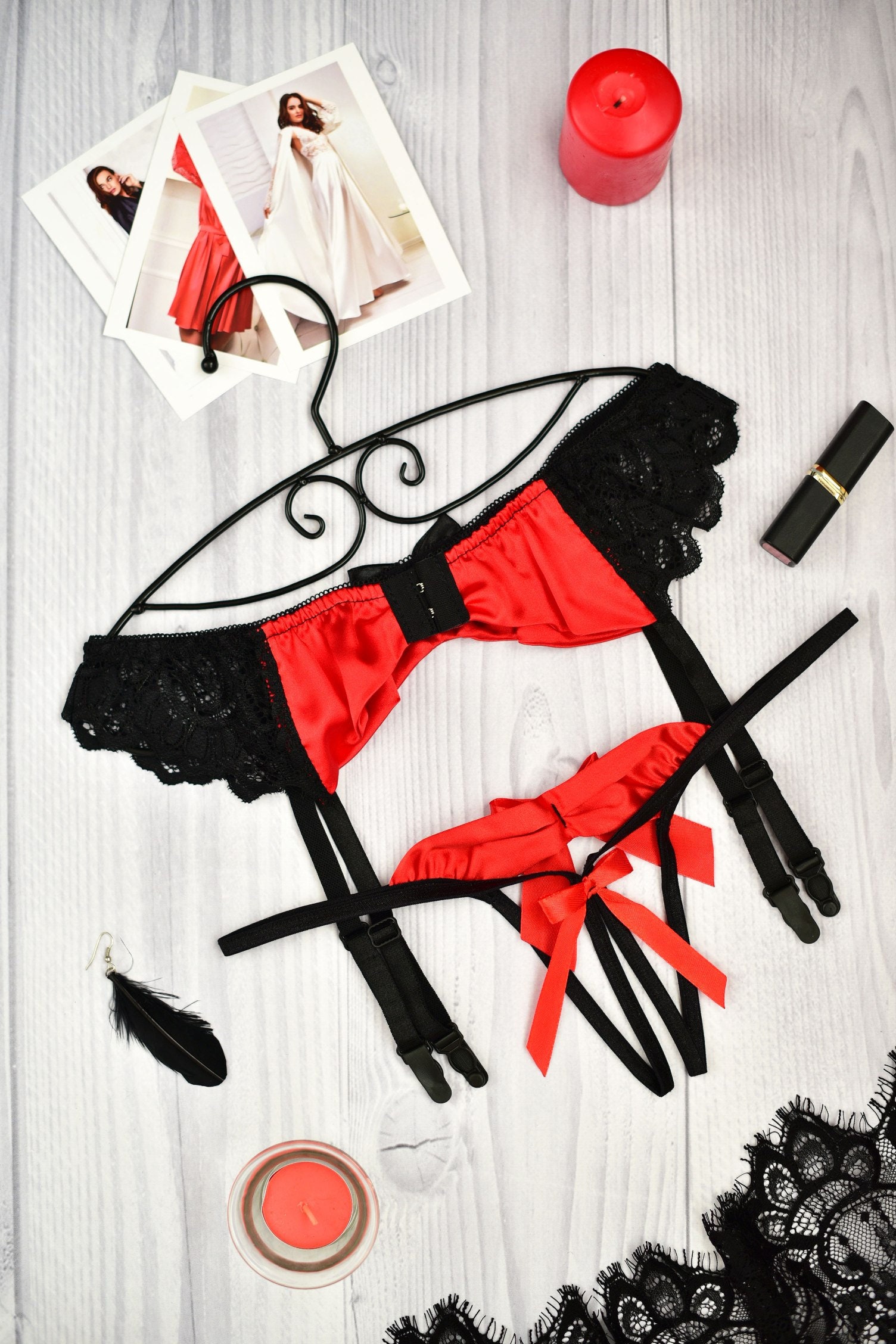 Black Red Sexy Garter Belt Lingerie Lace Satin Garter Set - Etsy