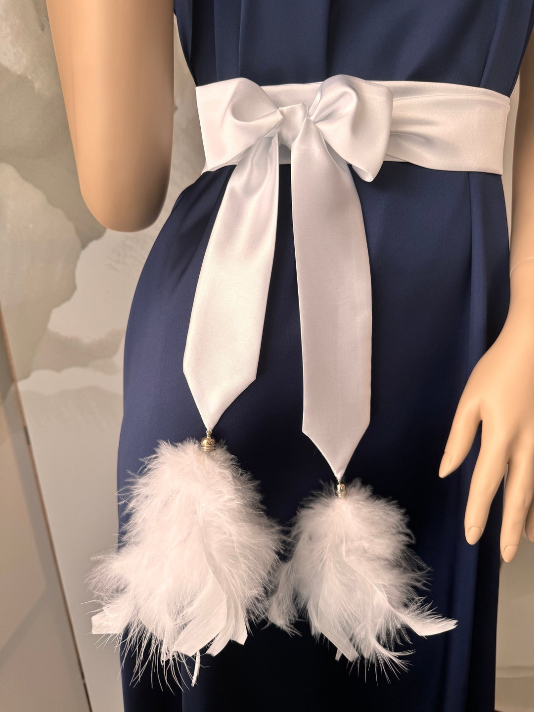 White Satin Belt With Feathers Custom Length Dress Sash Belt With White ...