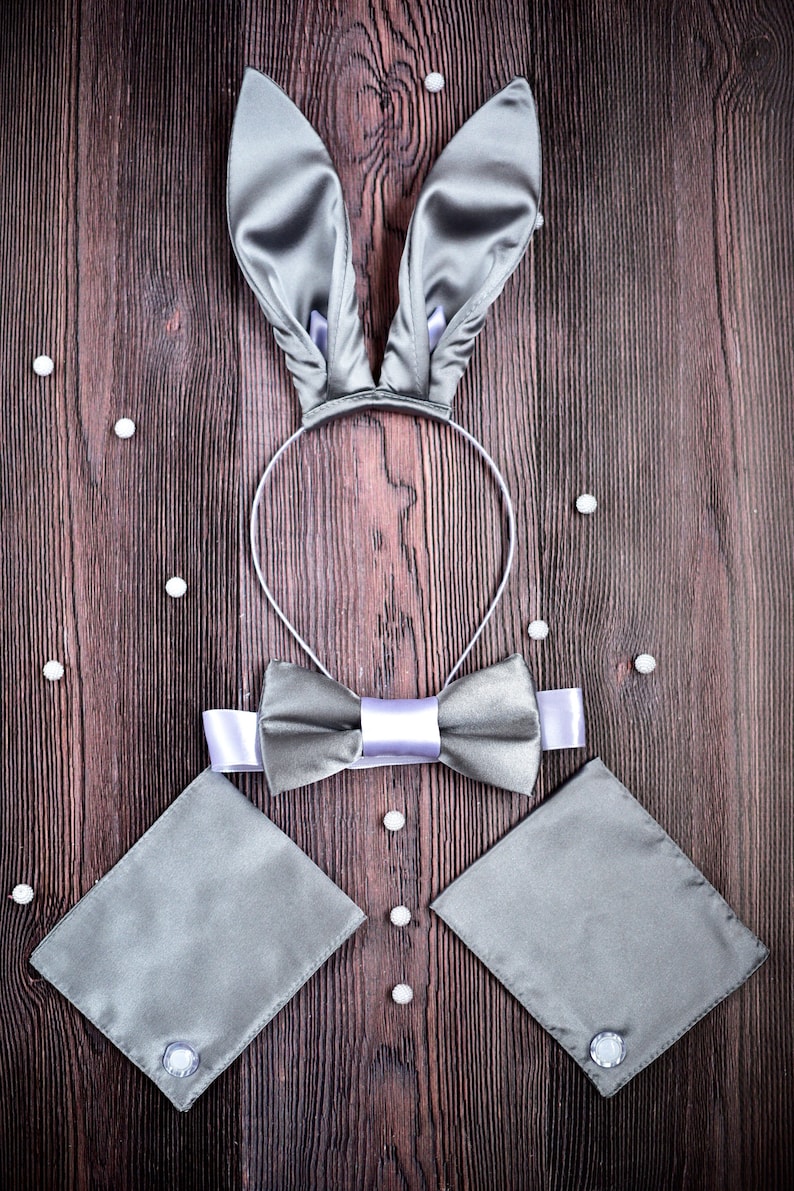 Grey White Bunny Ears Cosplay Set Erotic Role Play Costume Rabbit Ears ...