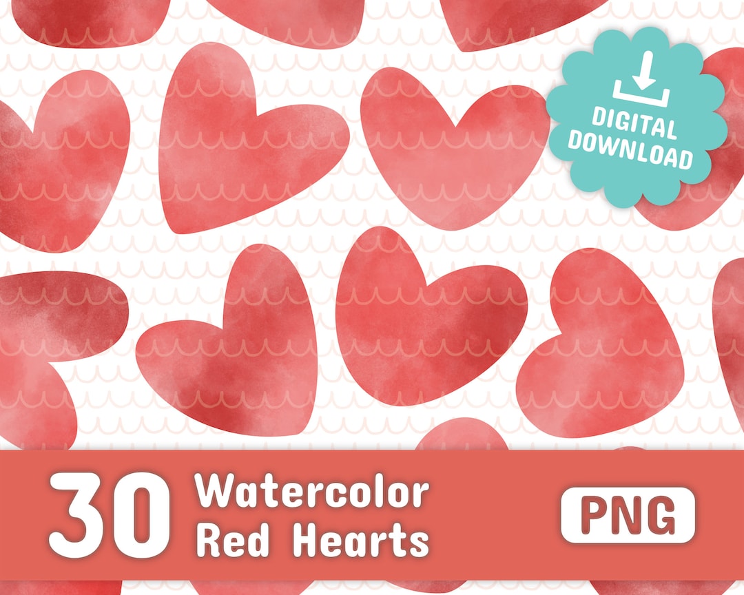 30 Red Hearts Watercolor Hearts Digital Files Valentines Day Clipart ...