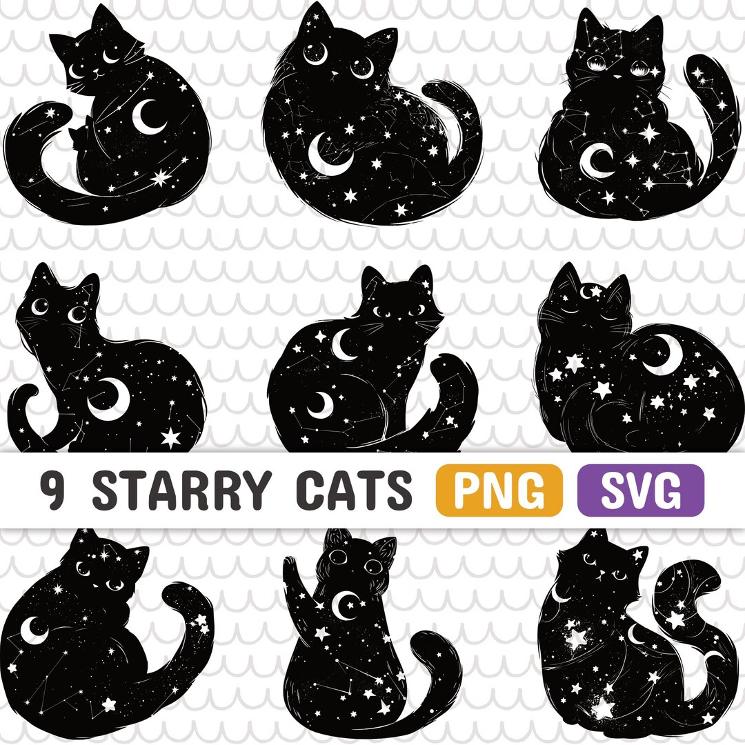 9 Starry Cats, SVG Bundle, Cliparts Bundle, SVG, PNG | Commercial Use ...