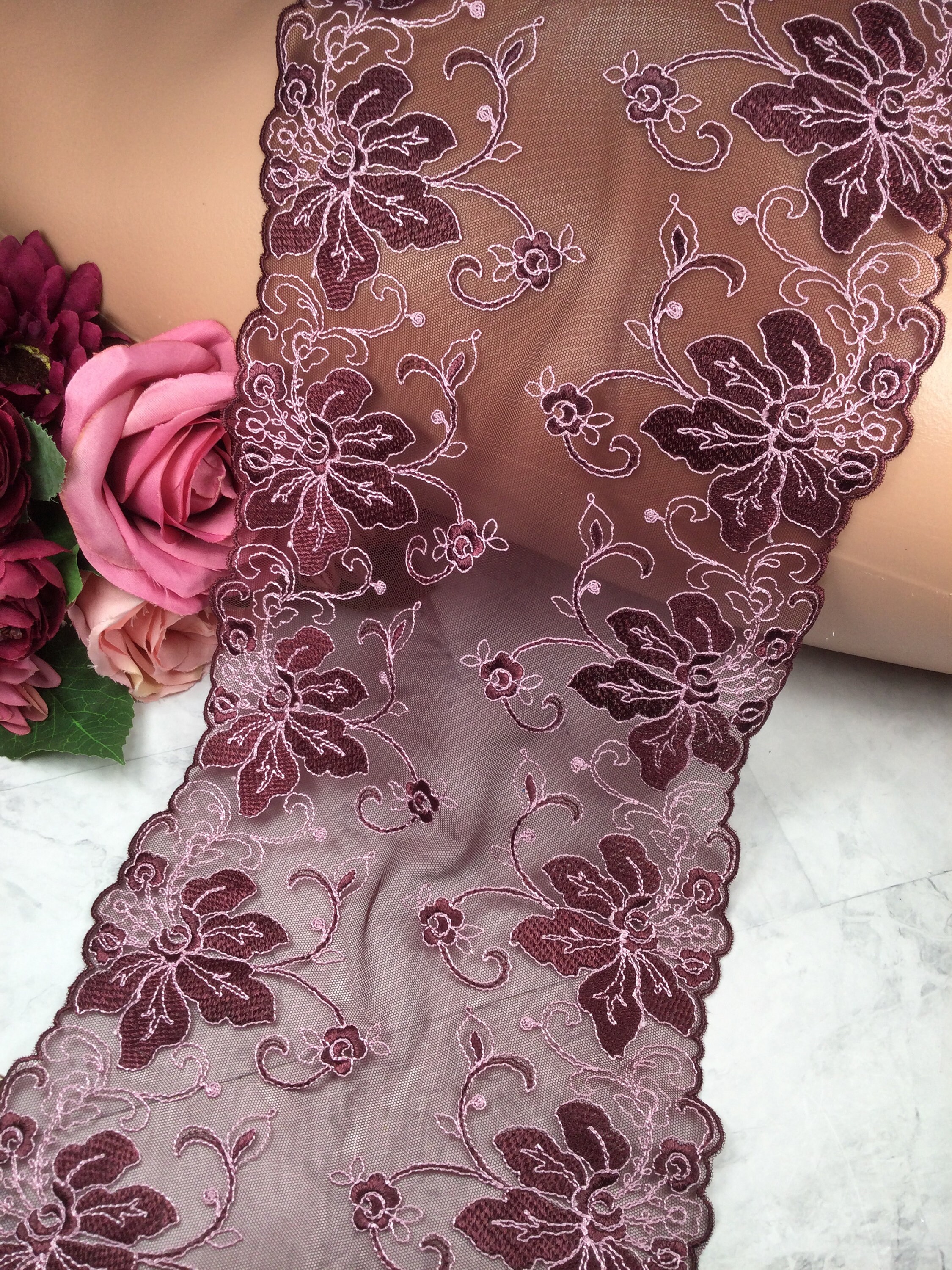Deep Wine Embroidered Floral Stretch Mesh Lace Trim by the - Etsy