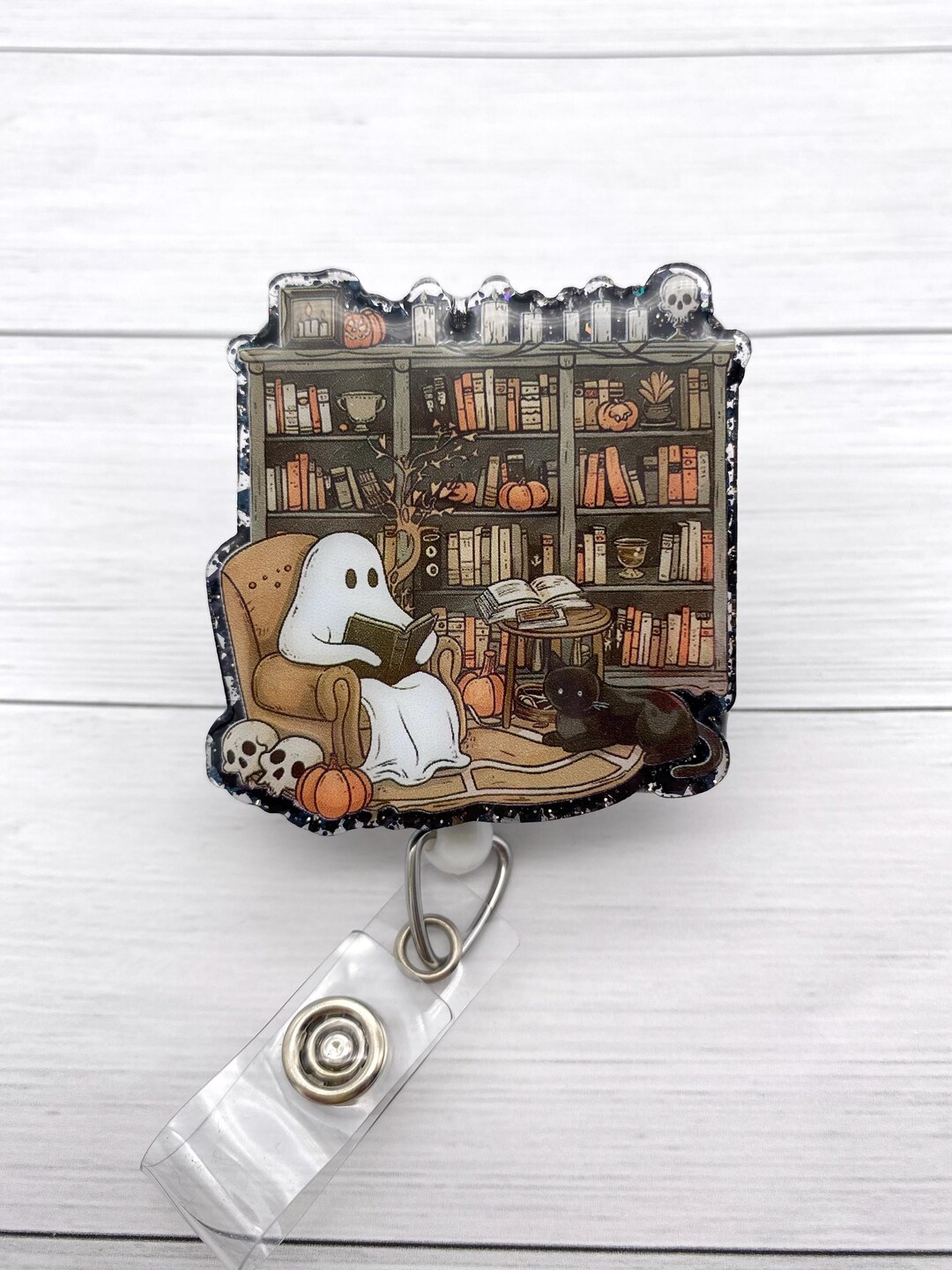 Reading Ghost Badge Reel, Bookish Badge Reel, Halloween Badge Reel ...