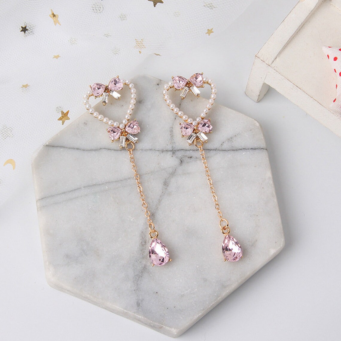 Heart Drop Earring Korean Kpop Inspired Earring Girly Bow - Etsy