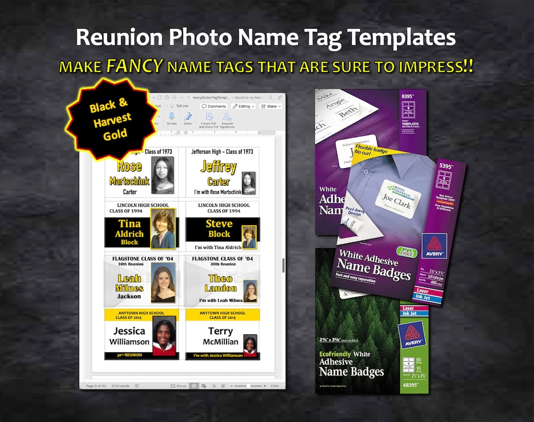 Class Reunion Avery Sticker Name Tag Templates - (black & Harvest Gold ...