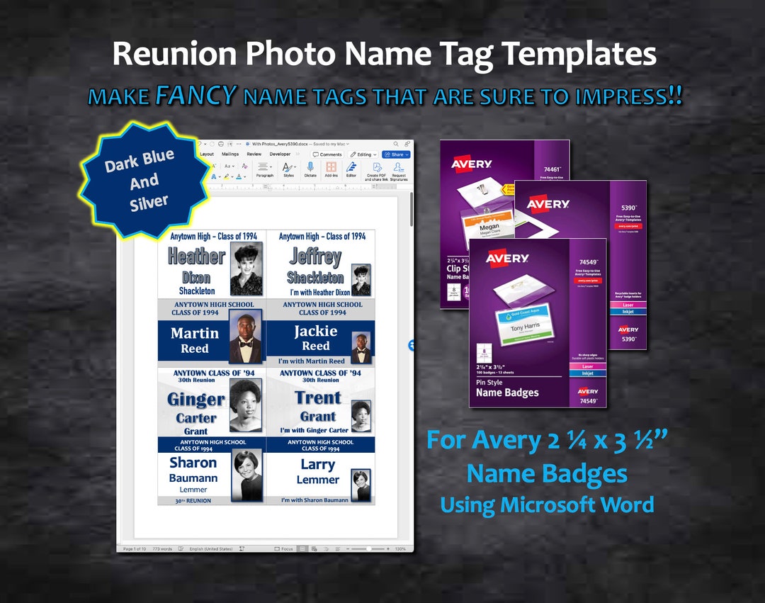 Class Reunion Avery 2.25x3.5" Name Tag Templates - (blue+silver) | DIY ...