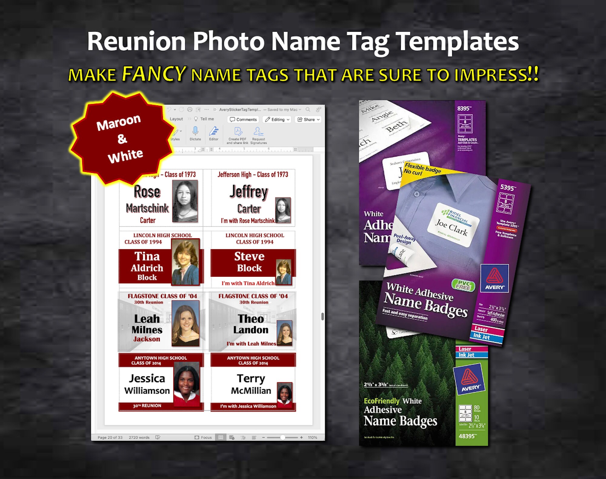 Class Reunion Avery Sticker Name Tag Templates maroon & White 2.33 X 3. ...