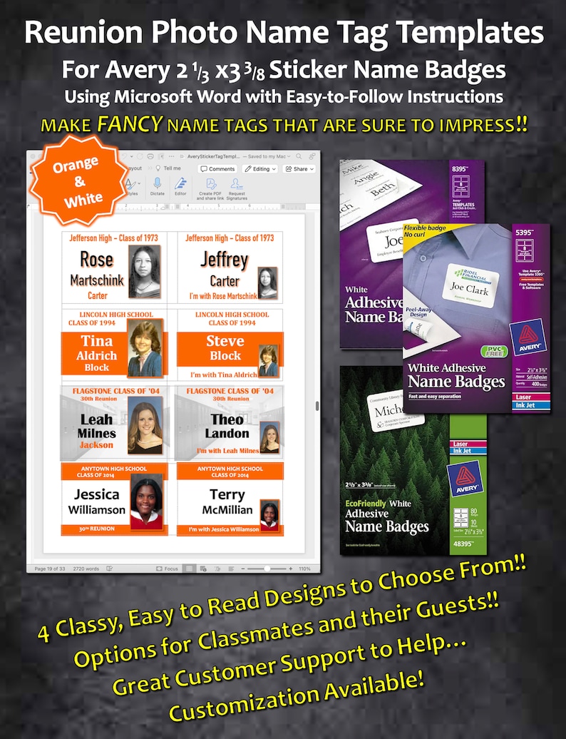 Class Reunion Avery Sticker Name Tag Templates - (orange & White) 2.33 ...