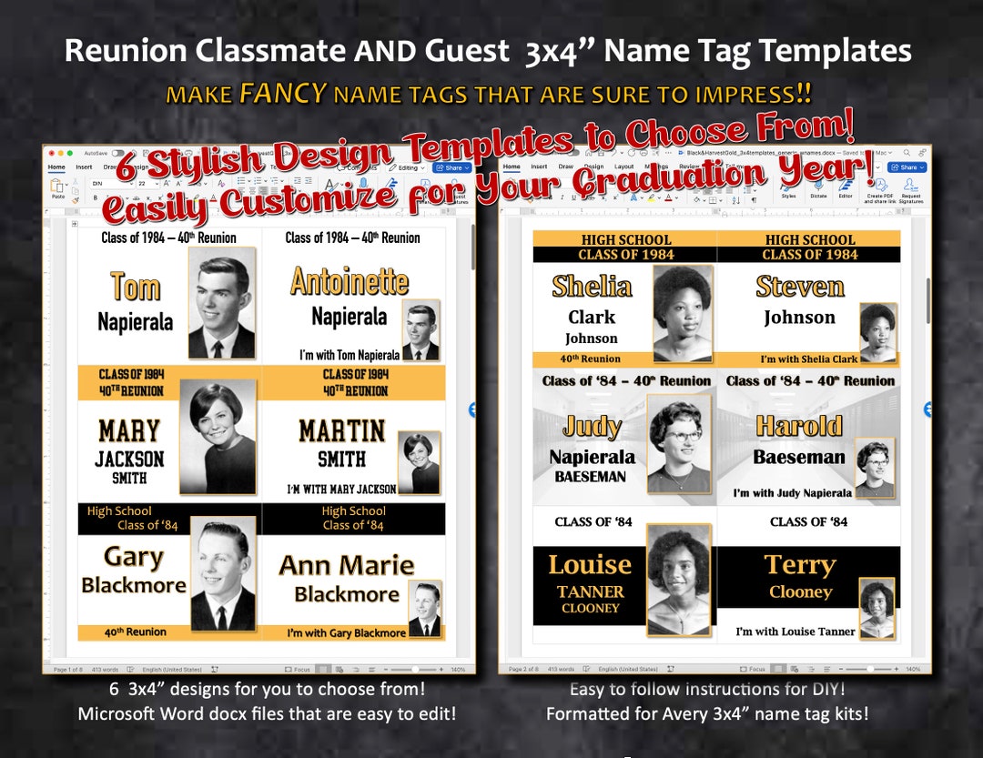 Reunion Name Tag Templates - DIGITAL DOWNLOAD (black+harvest Gold) 3"x4 ...